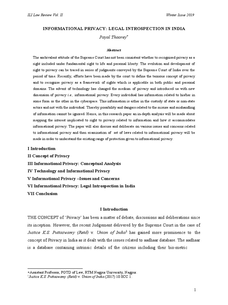 Payal Thaorey: ILI Law Review Vol. II Winter Issue 2019 | PDF | Privacy | Right To Privacy