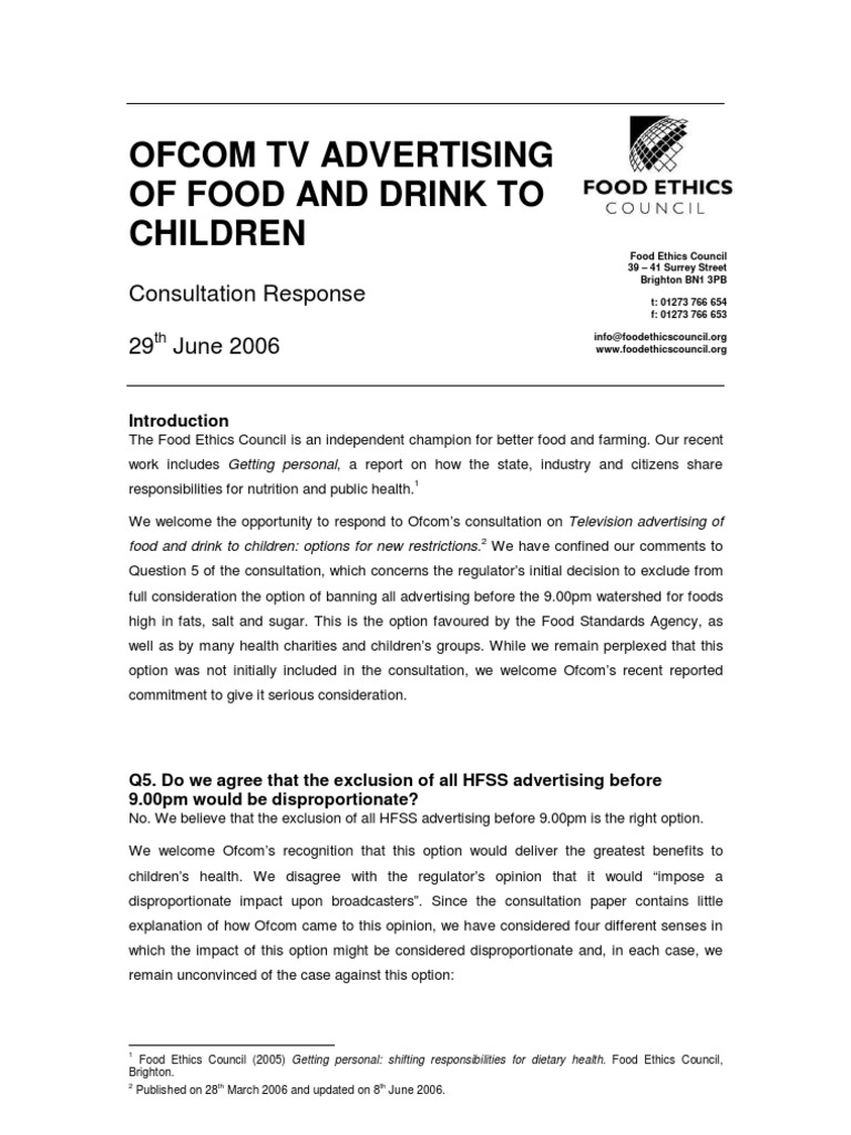 Ofcom TV Advertising of Food and Drink To Children: Consultation ...