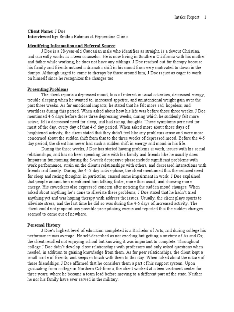 Sample Intake Paper | PDF | Bipolar Disorder | Mental Disorder