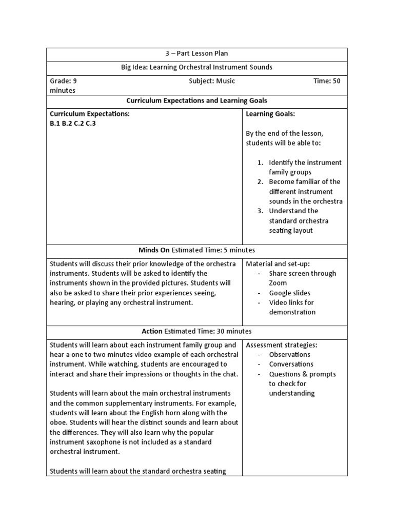 Orchestral Instrument Sounds Lesson Plan | PDF | Orchestras | Lesson Plan