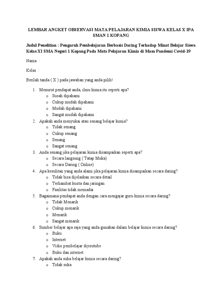 Lembar Angket Observasi Mata Pelajaran Kimia Siswa Kelas X Ipa Sman 1 Kopang | PDF | Karier ...