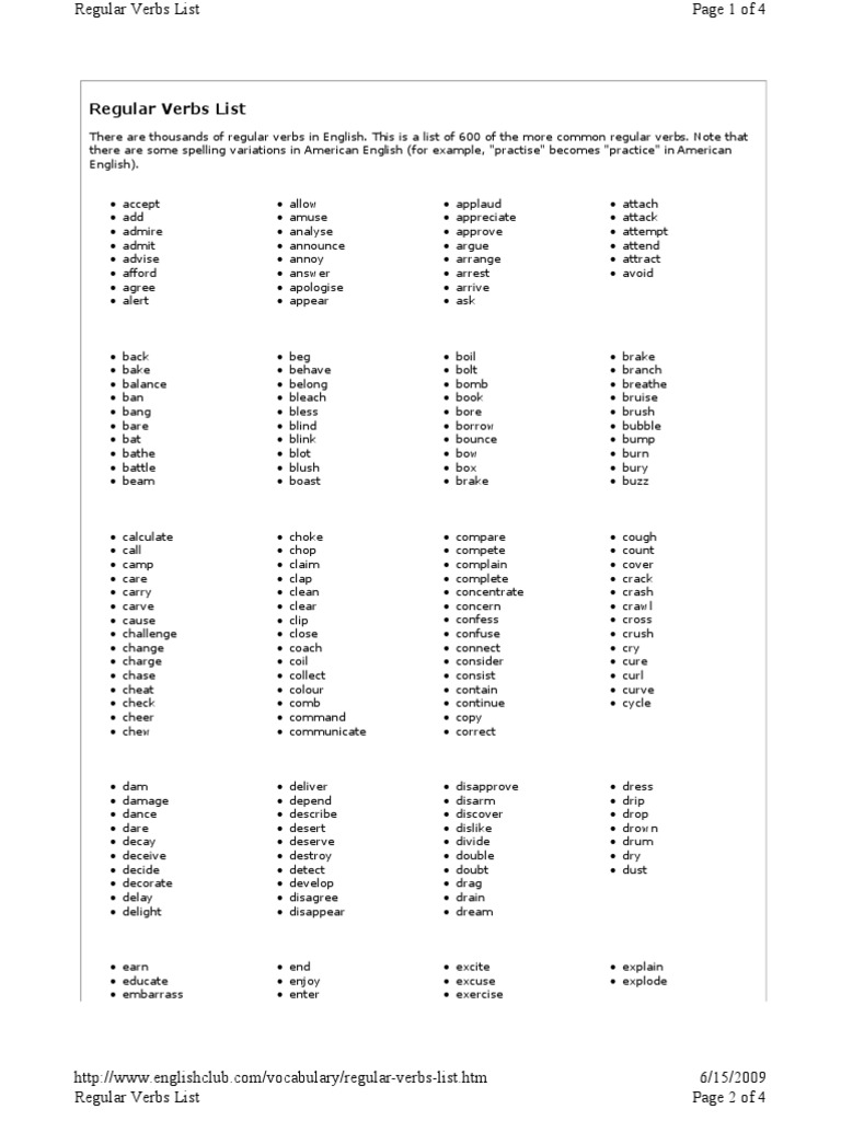Regular Verbs List | PDF | Syntax | Grammar