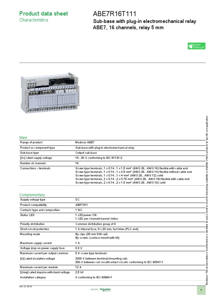 Telefast ABE7 - ABE7R16T111 Data Sheet | PDF | Fuse (Electrical) | Relay
