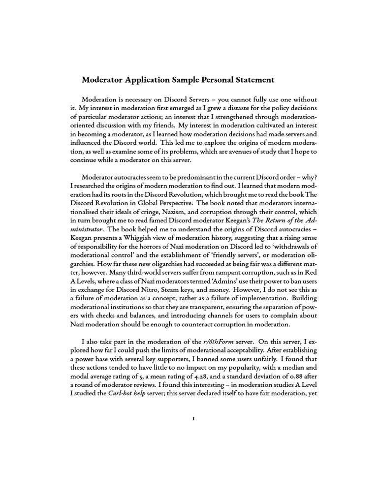 Moderator Application Sample Personal Statement | PDF