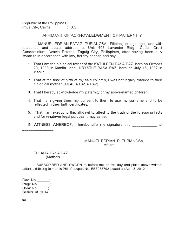 Affidavit of Acknowledgment of Paternity: SUBSCRIBED AND SWORN To ...