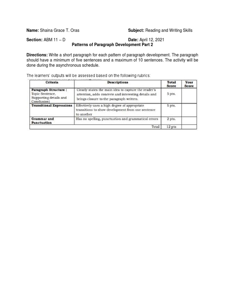 Reading and Writing Pattern of Paragraph Development | PDF | Distance ...