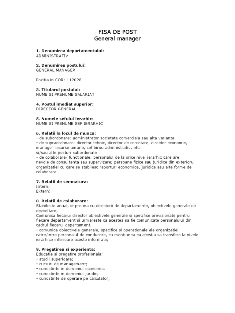 Fisa de Post General Manager | PDF