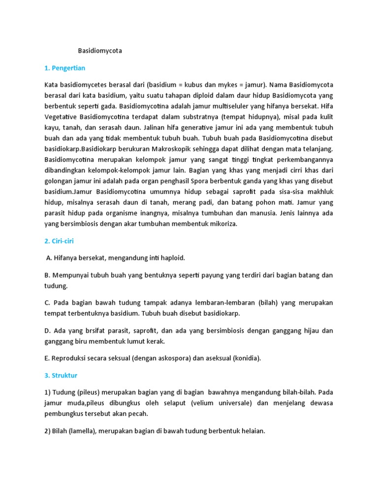 Ciri dan Reproduksi Jamur Basidiomycota | PDF