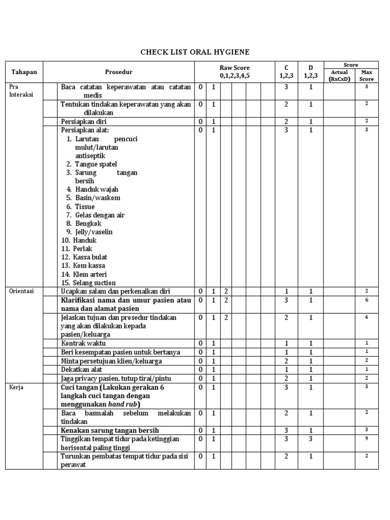 Check List Oral Hygiene | PDF