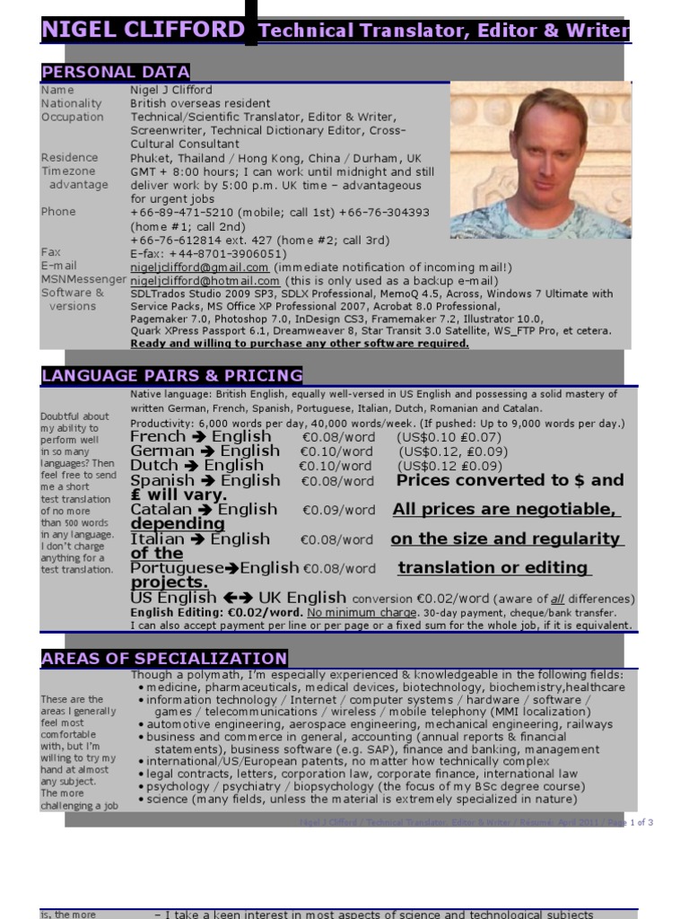 CV of Nigel CLIFFORD, May 2011 | PDF | Dictionary | English Language