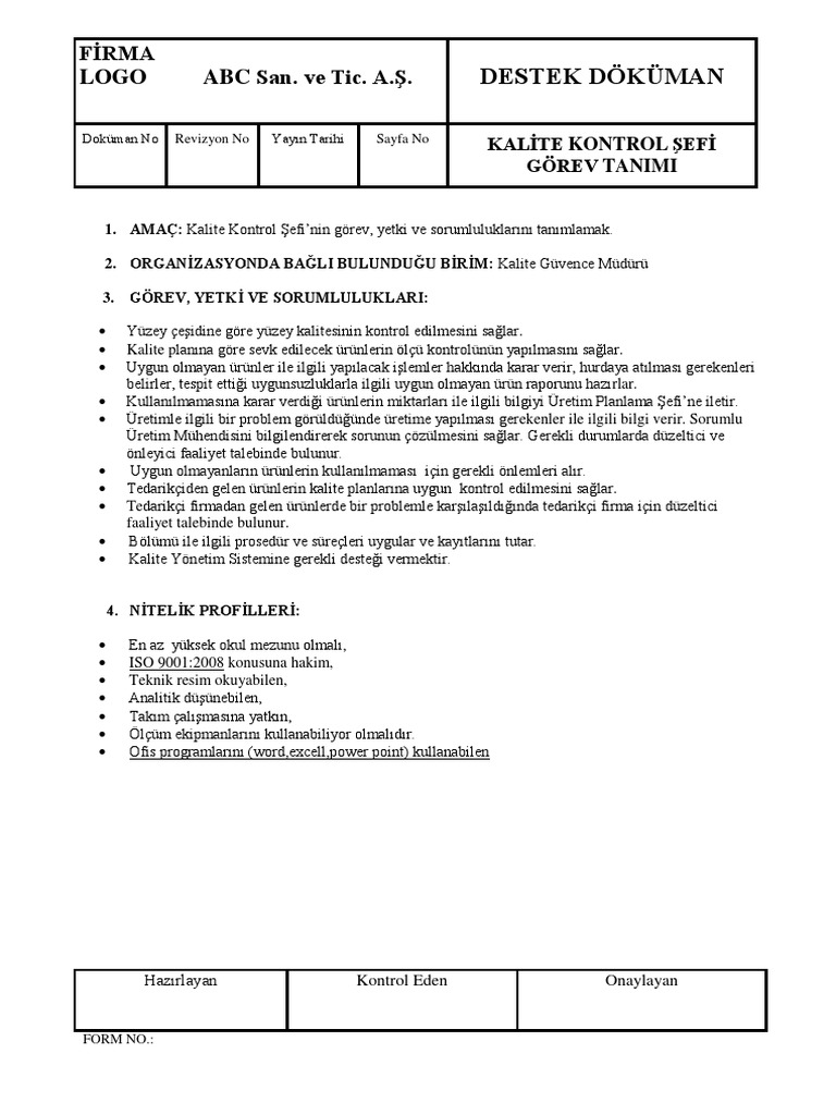 Kalite Kontrol Sefi Gorev Tanimi | PDF