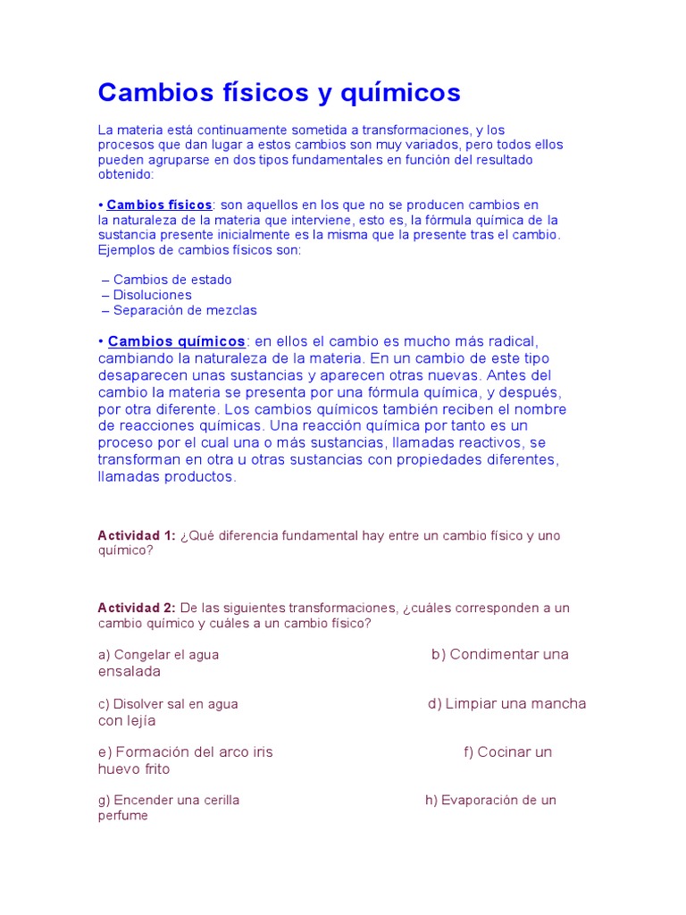 Cambios Físicos y Químicos Teoria y Ejercicios | PDF