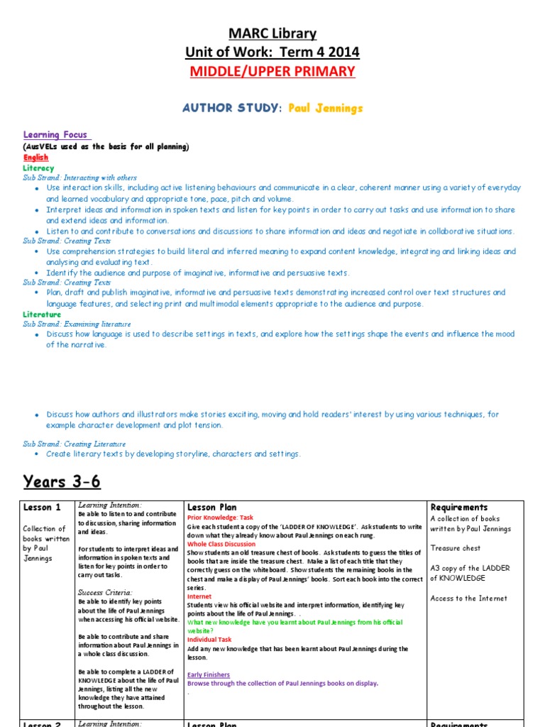 Paul Jennings Unit of Work 2014 | PDF | Reading Comprehension | Lesson Plan