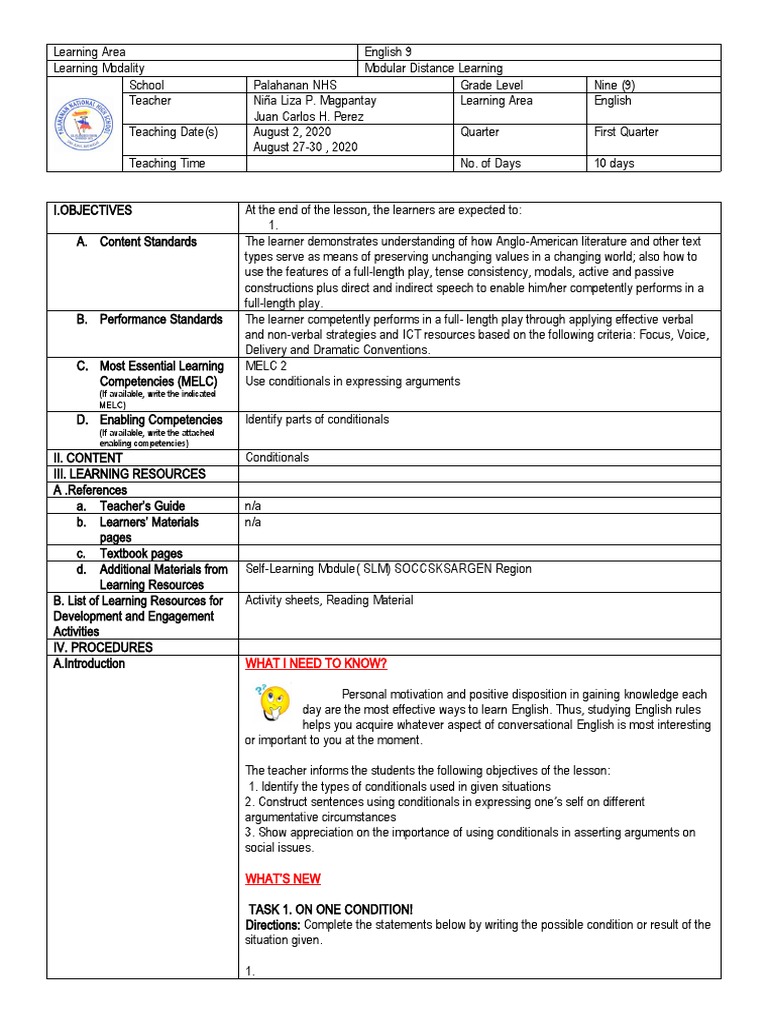 g9 English - Exemplar 2 - Conditionals | PDF | Learning | Language ...