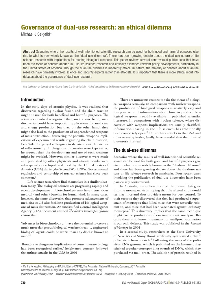 Governance of Dual-Use Research: An Ethical Dilemma: Michael J Selgelid ...