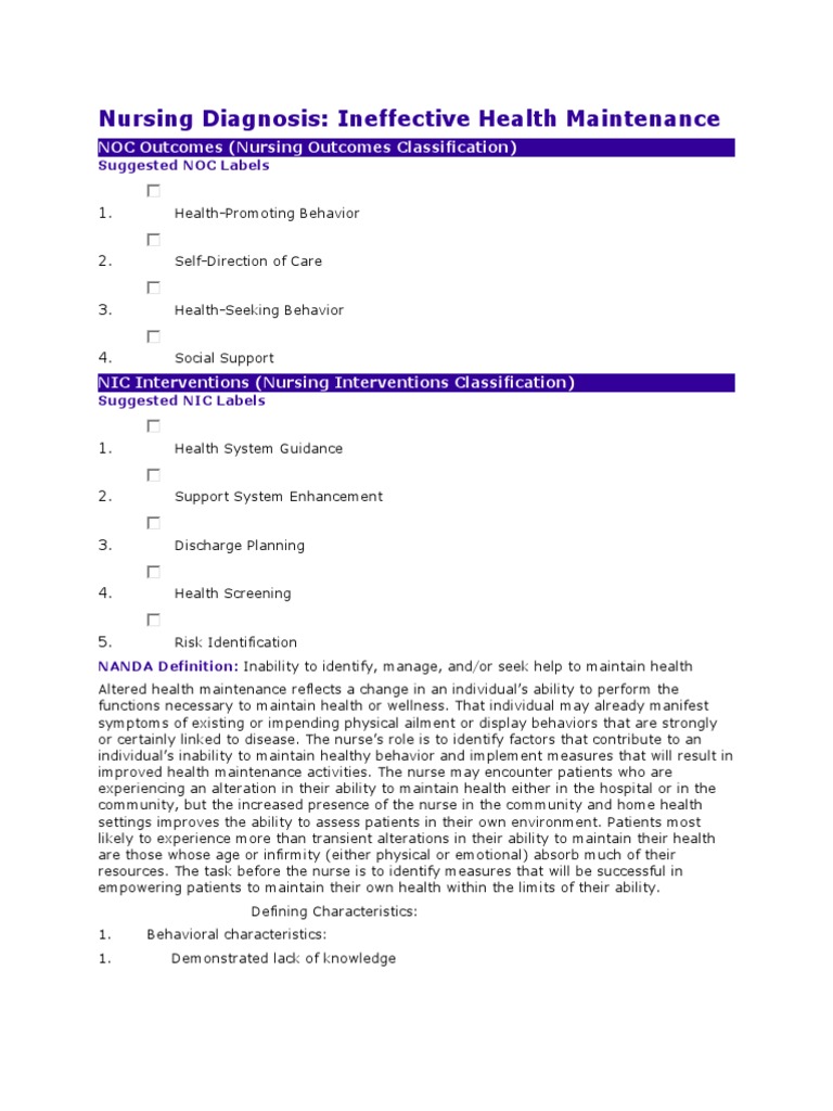 Nursing Diagnosis: Ineffective Health Maintenance: NOC Outcomes ...