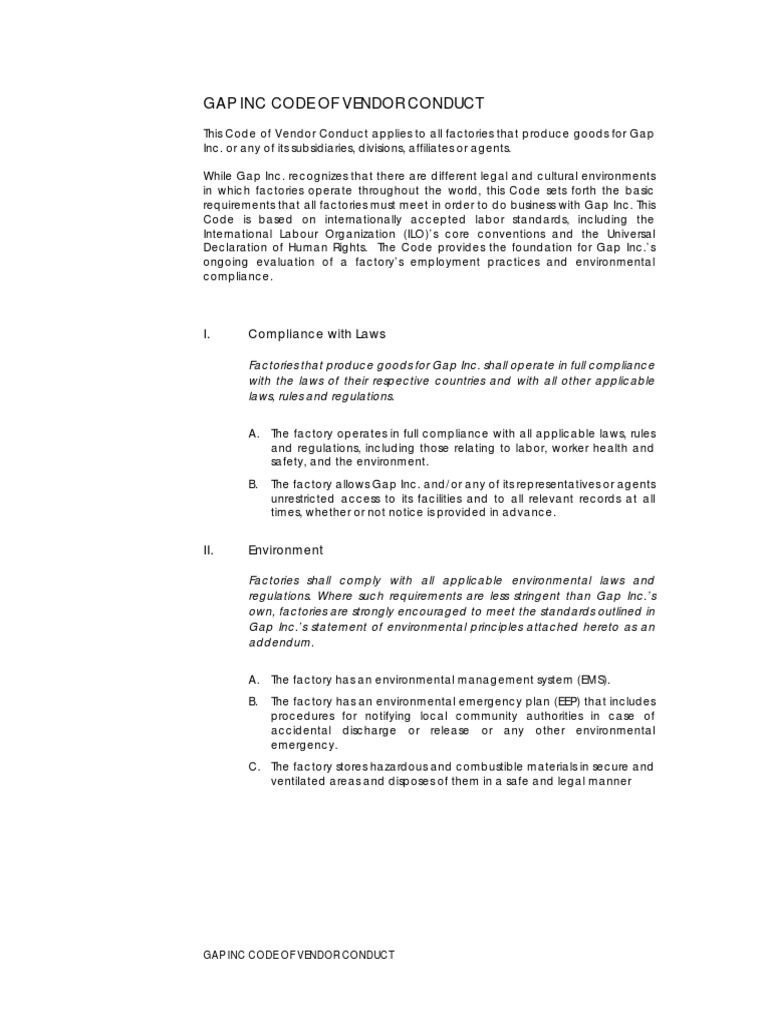 GAP Code Vendor Conduct | PDF | Overtime | International Labour ...
