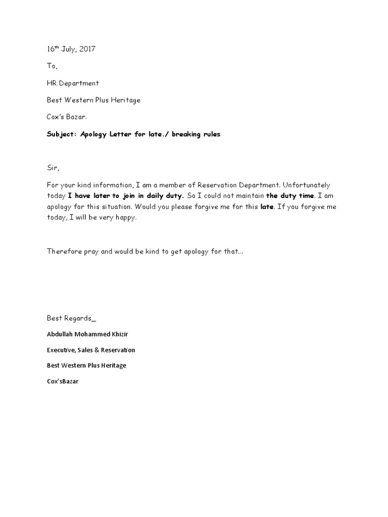 Apology for Late Arrival at Work | PDF | Self-Improvement