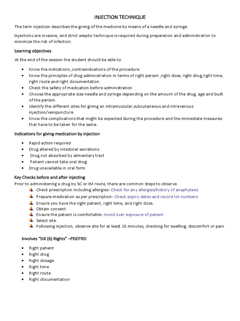 Injection Techniques | PDF | Intravenous Therapy | Injection (Medicine)