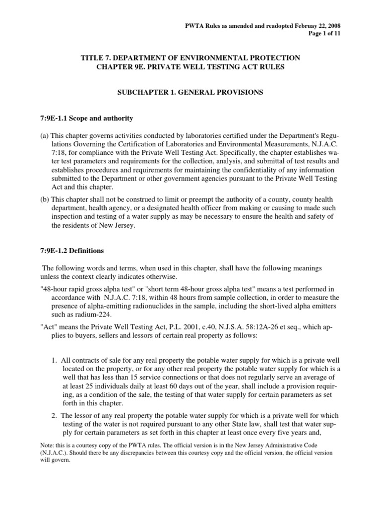 Title 7. Department of Environmental Protection Chapter 9E. Private ...