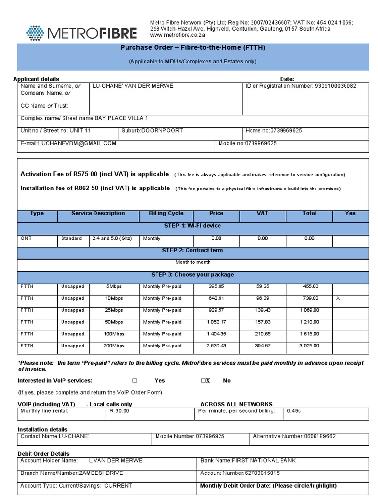 MetroFibre Order Form 22 Nov 2019 | PDF | Payments | Debit Card