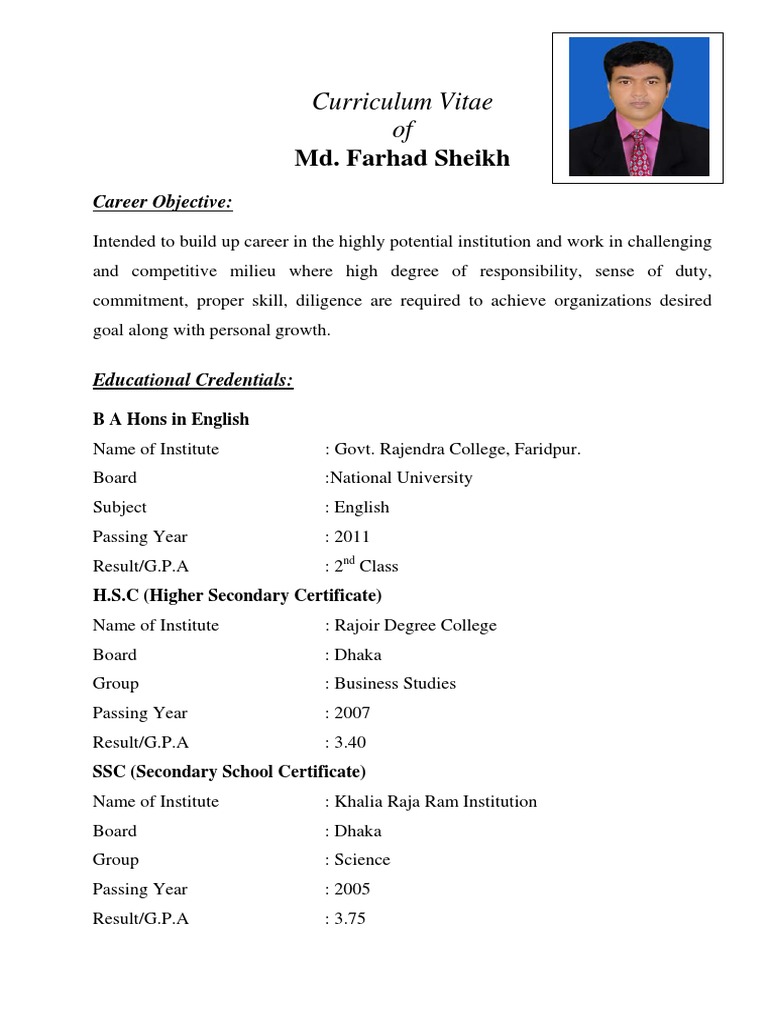 CV of Farhad's English | Download Free PDF | Bangladesh | Human Nature