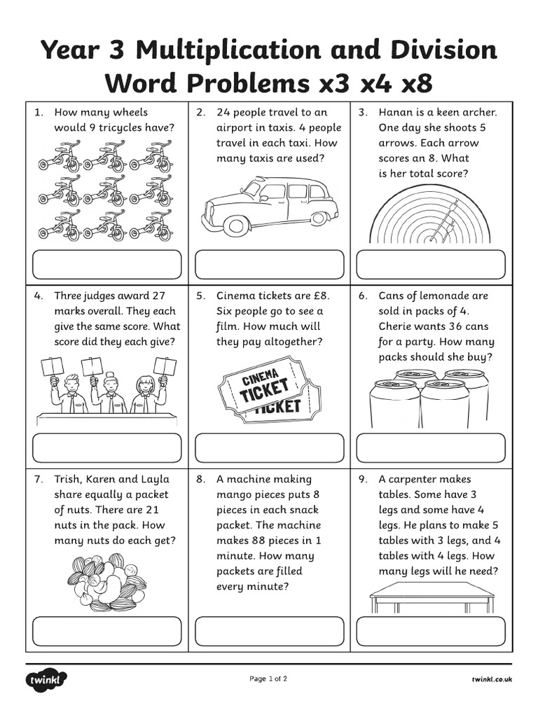 Year 3 Multiplication and Division Word Problems x3 x4 x8 Worksheet | PDF