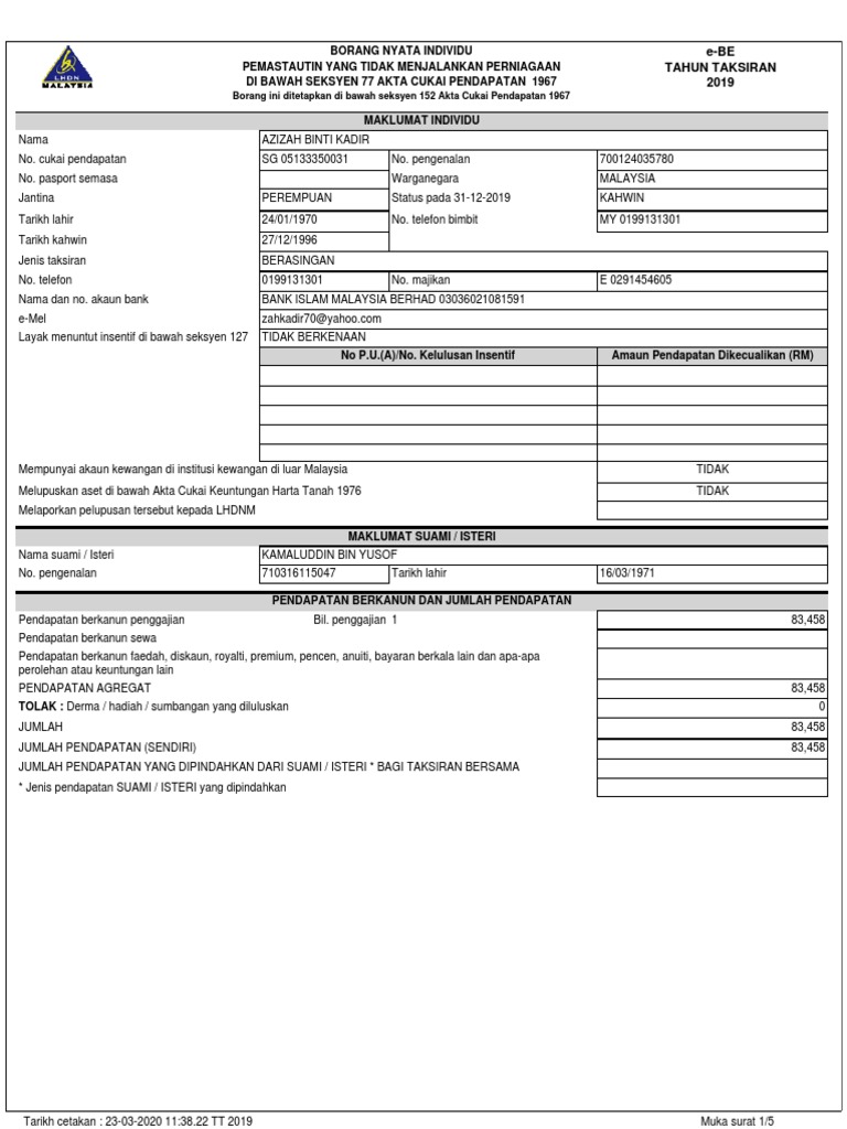 Borang Ini Ditetapkan Di Bawah Seksyen 152 Akta Cukai Pendapatan 1967 | PDF