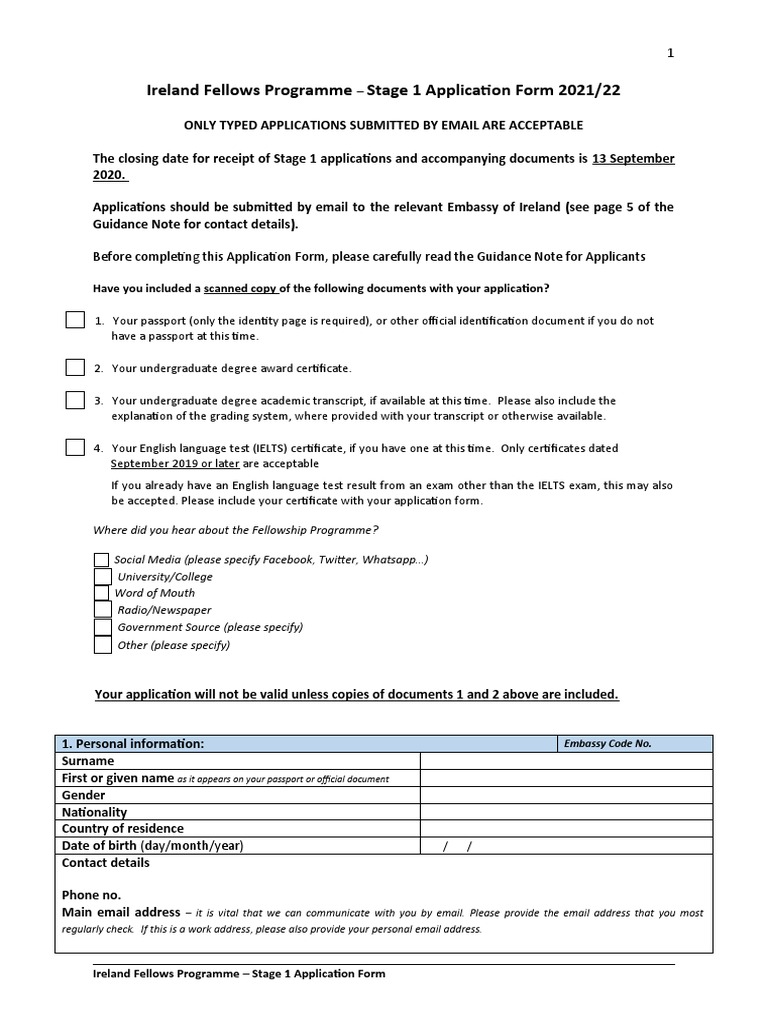 Ireland Fellows Programme Stage 1 Application Form 2021/22 | PDF ...