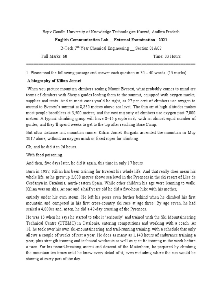 English Lab - External Test-1 | PDF | Mountaineering | Mount Everest