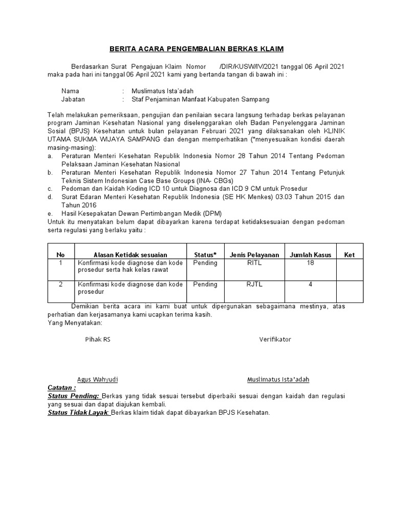 Berita Acara Pengembalian Berkas Klaim | PDF