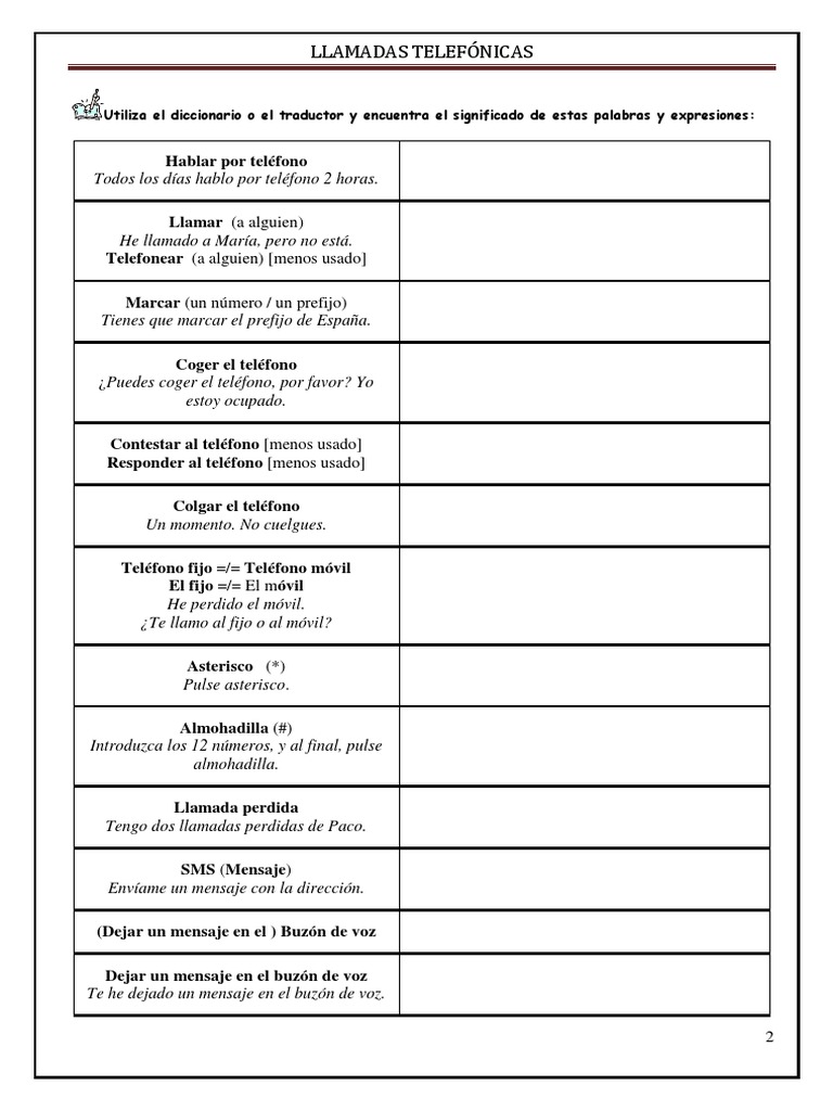 +vocabulario Llamadas Telefónicas | PDF