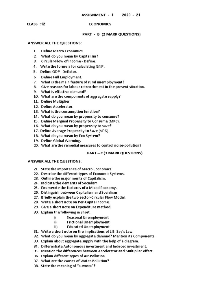 Assignment - 1 2020 - 21 Class:12 Economics - B (2 Mark Questions ...