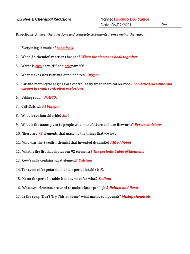 Bill Nye Chemical Reactions | PDF
