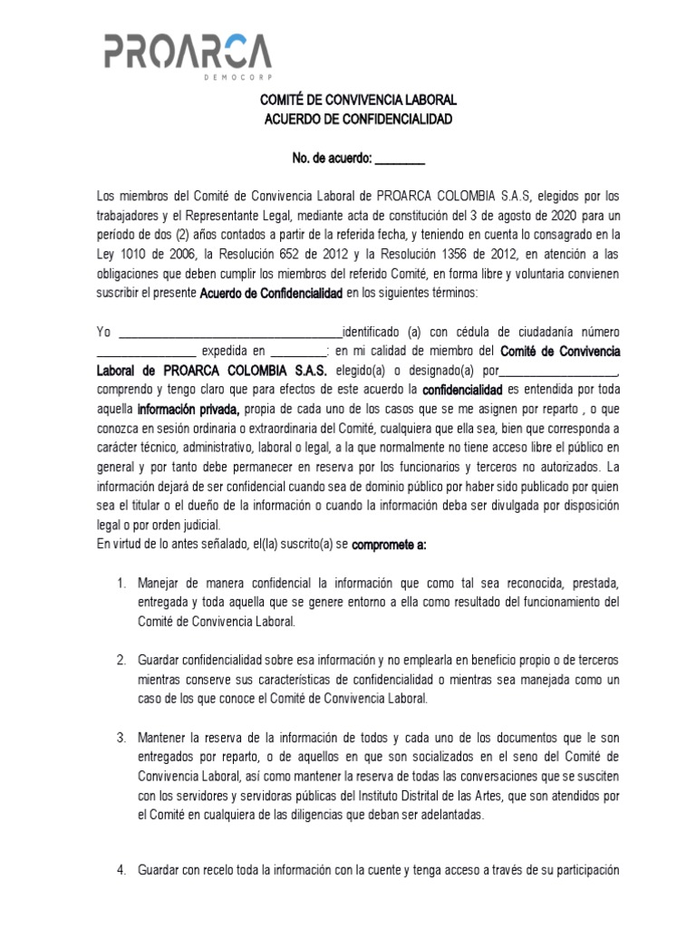67. Formato Acuerdo de confidencialidad Comité de convivencia laboral | PDF | Confidencialidad ...