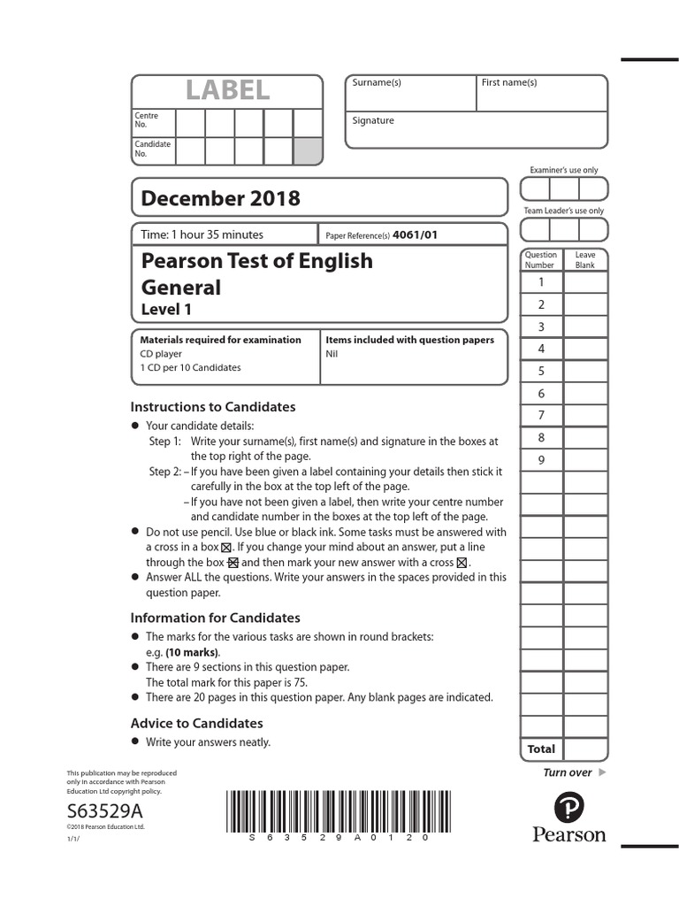 Label: December 2018 Pearson Test of English General | PDF | Test ...