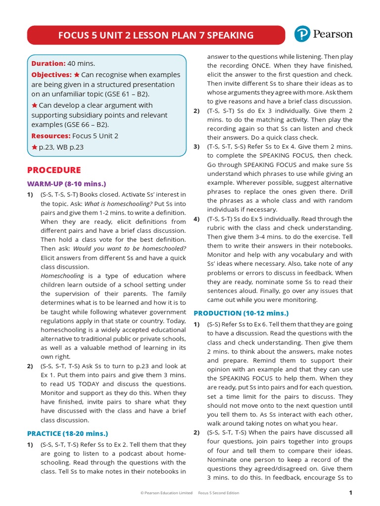 Focus 5 Unit 2 Lesson Plan 7 Speaking: Procedure | PDF | Homeschooling | Cognitive Science