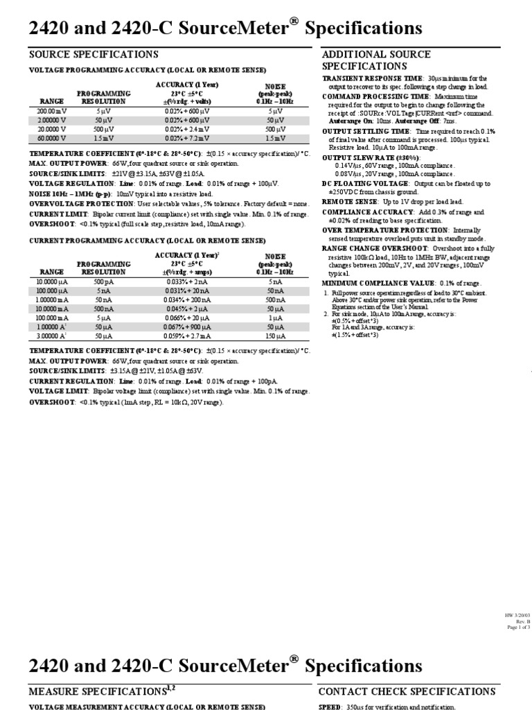 2420 and 2420-C Sourcemeter Specifications | PDF | Power Supply ...