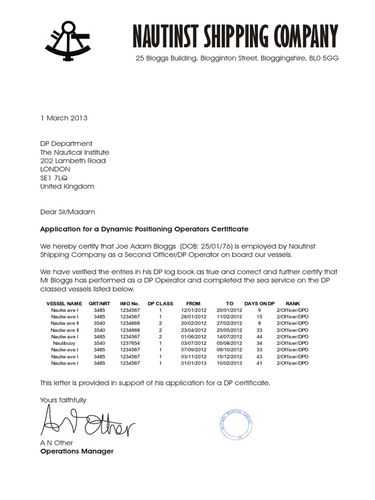 Seatime Confirmation Sample Letter - Mar 2013 | PDF