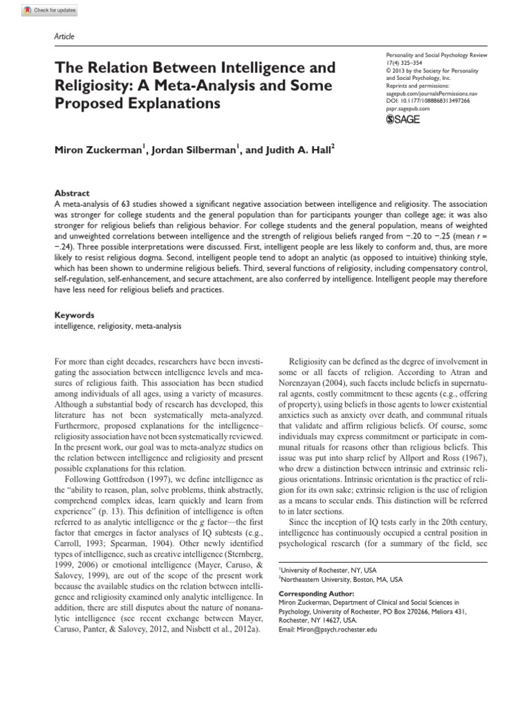 The Relation Between Intelligence and Religiosity: A Meta-Analysis and ...