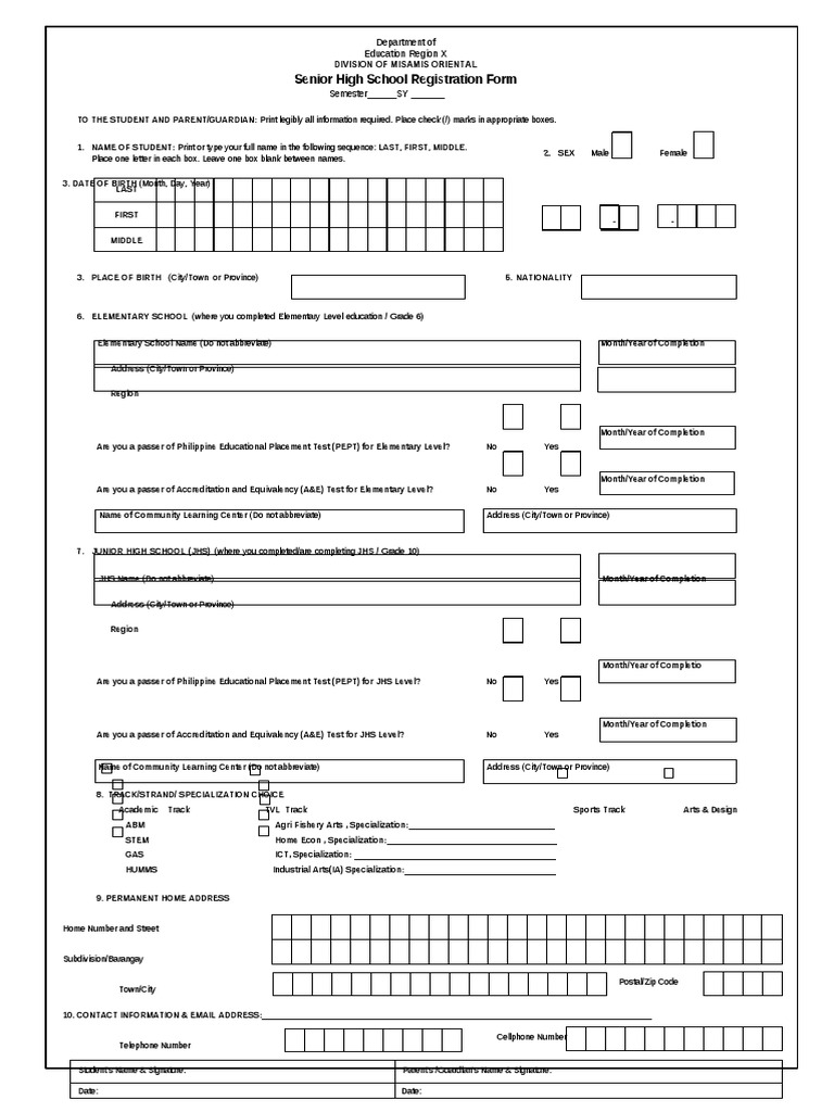 Senior High School Registration Form | PDF | Schools | Further Education