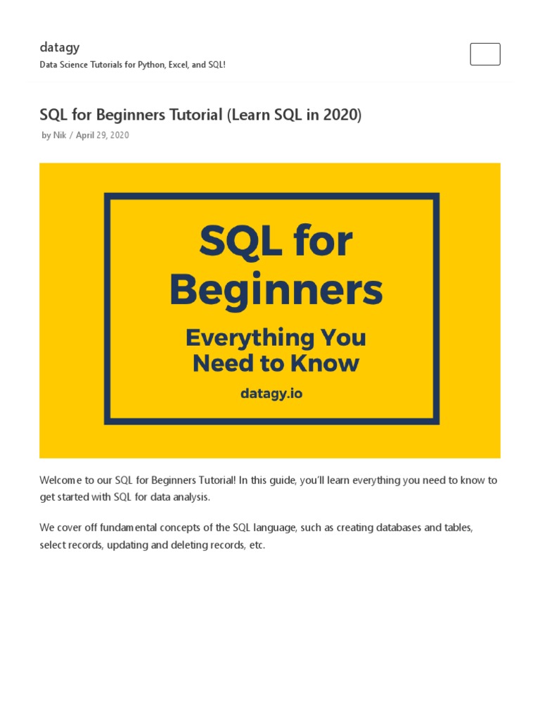 Sql For Beginners Tutorial Learn Sql In 2020 Datagy Pdf Sql