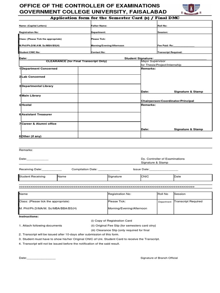 Application Form For The Semester Card S Final Dmc Signature Of