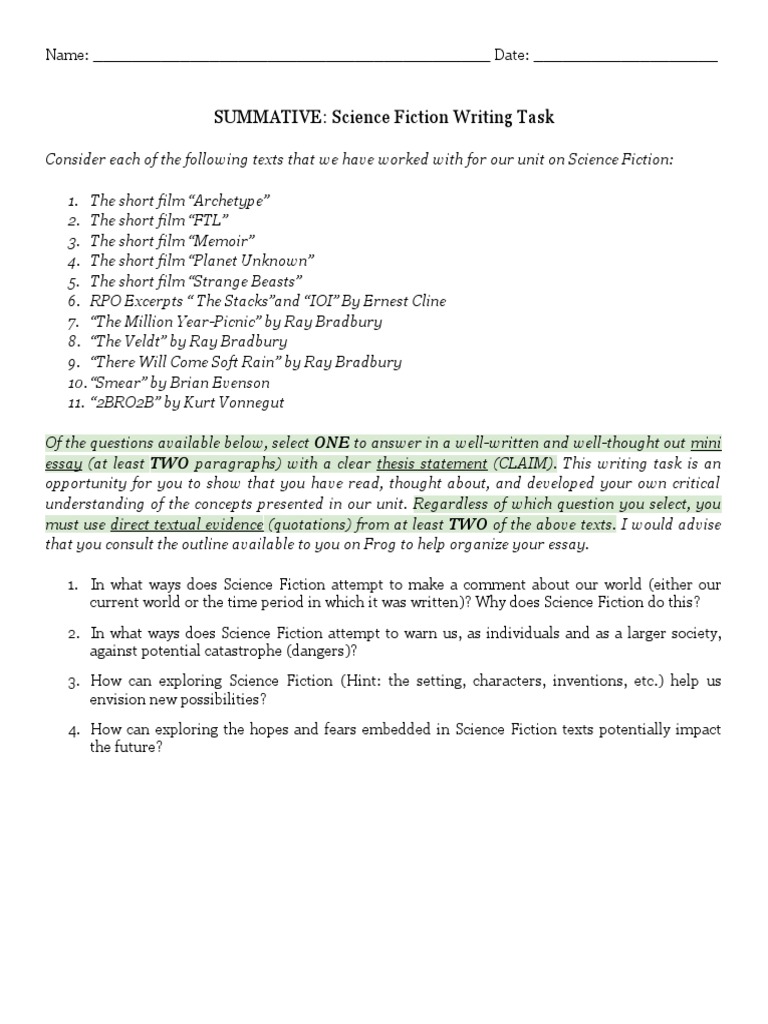 Science Fiction Essay Task | PDF | Young Adult