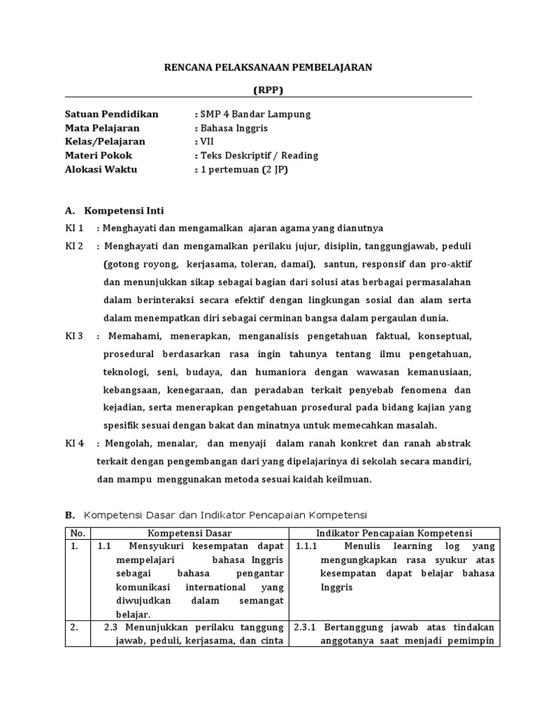 RPP Reading Skill Descriptive Text Kelas 7 | PDF