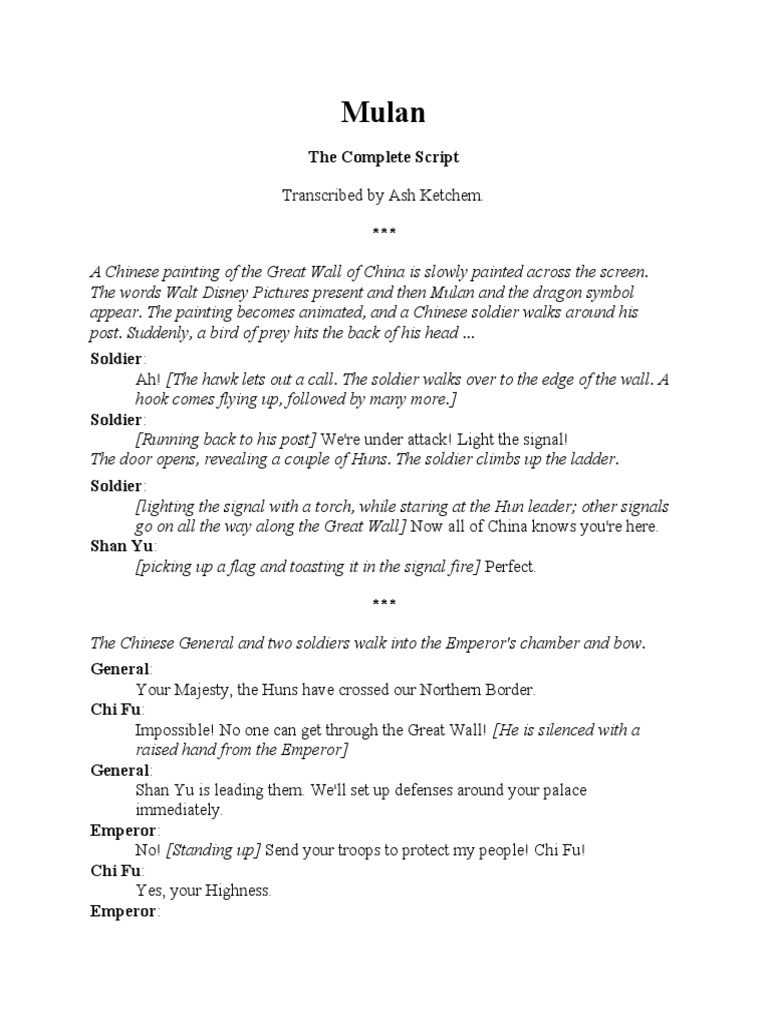 Mulan: The Complete Script | PDF