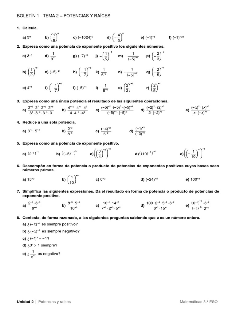 Boletín 1 - Tema 2 - Potencias y Raíces | PDF | Entero | Álgebra