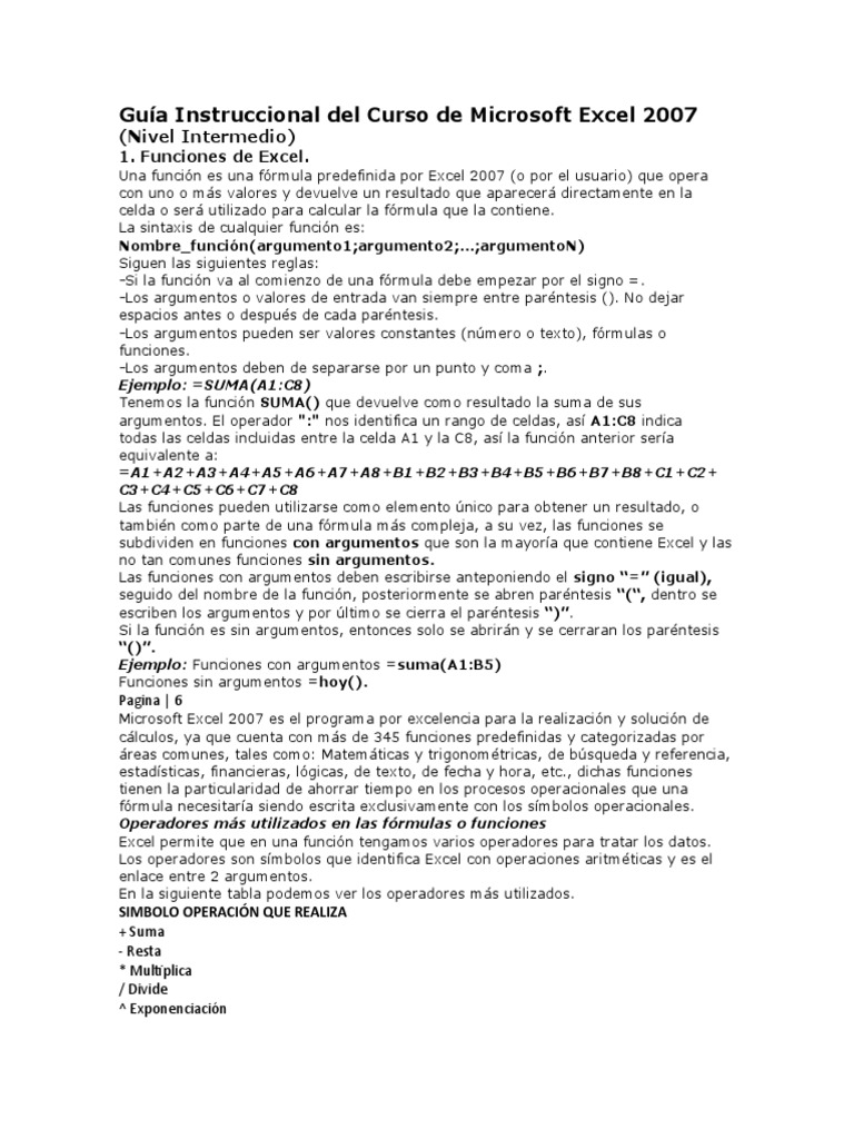 Guía Instruccional Del Curso de Microsoft Excel 1 | PDF | Microsoft ...
