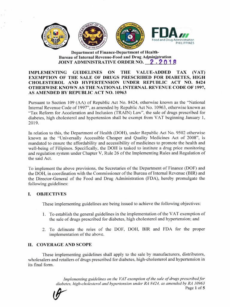 DOF-DOH-BIR-FDA Joint Administrative Order No. 2.2018 | PDF