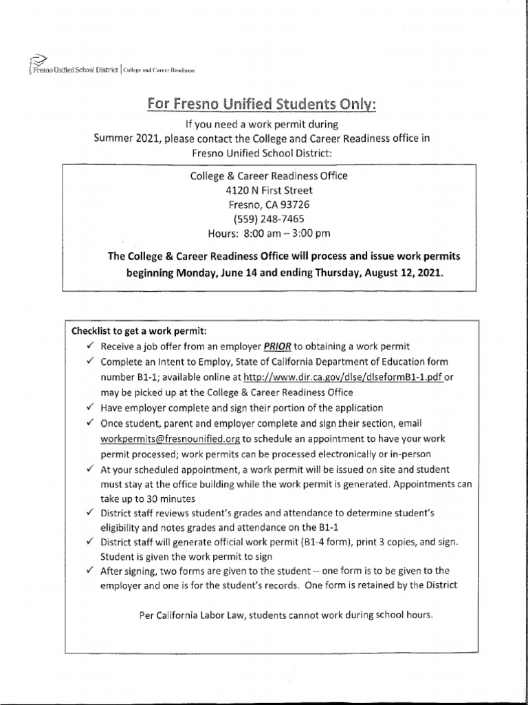 All Fusd Students Summer Work Permit Process | PDF